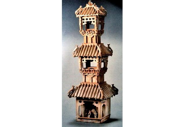 Green-glazed Pottery Tower Model with Human Figure Columns of Han Dynasty